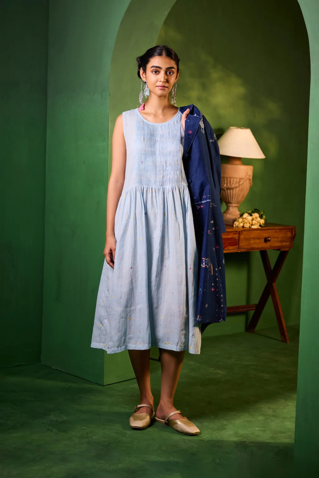 Neelambari Dress, Indigo Cotton Jamdani | Sarron