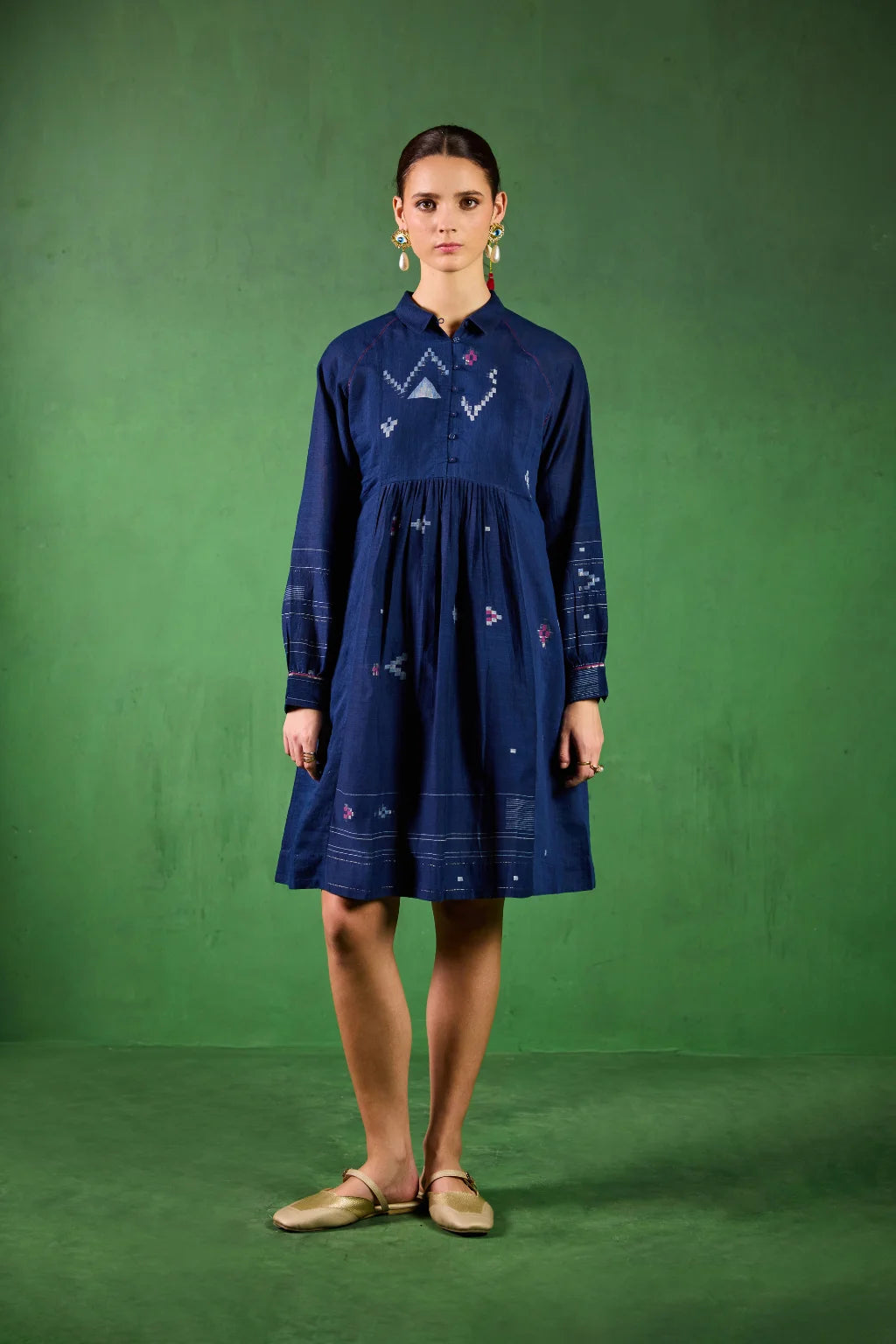 Trisha Dress, Indigo Jamdani Silk-Cotton | Sarron